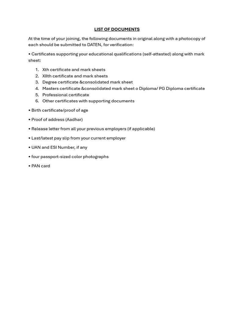 Required Documents for Joining DATEN | PDF