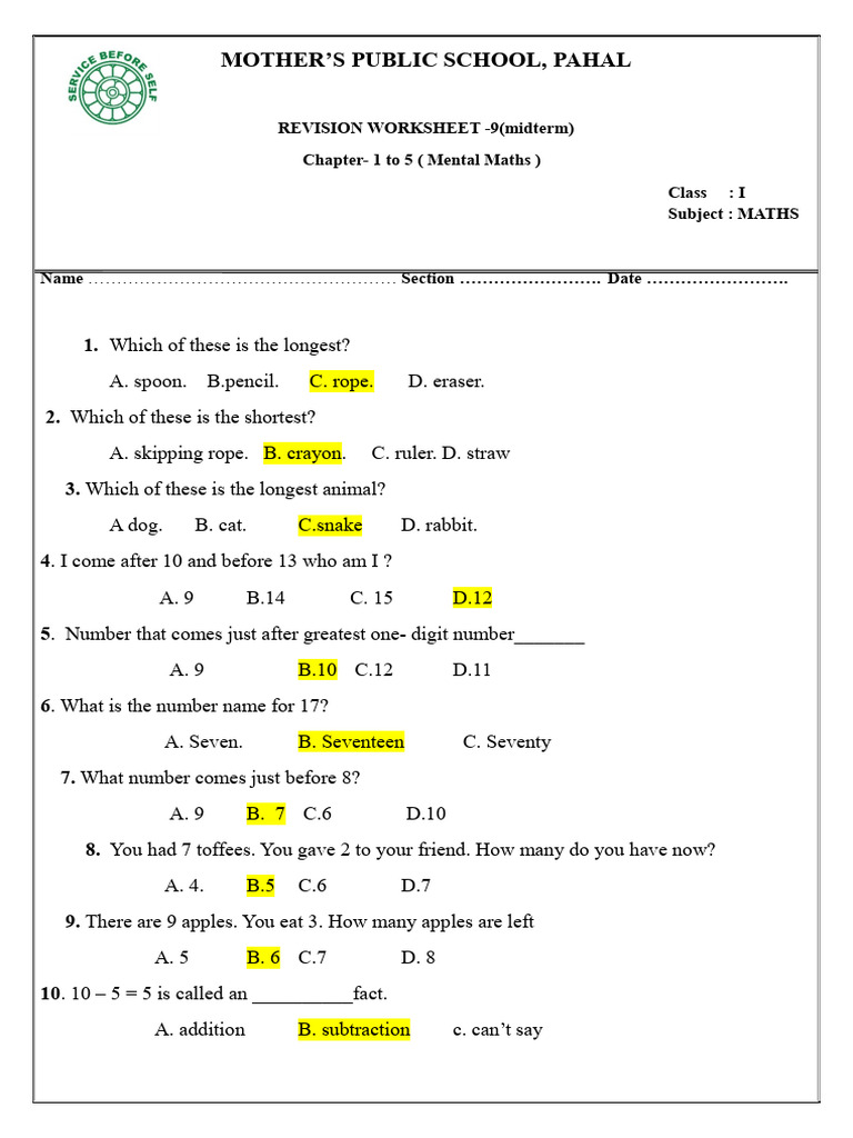 Std-I Midterm Math Rev WS Ans Key | PDF | Shape | Euclid