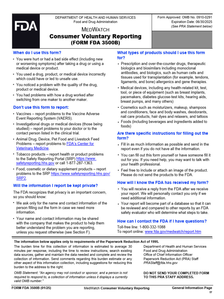 FDA Form 3500B: Consumer Reporting Guide | PDF | Food And Drug ...