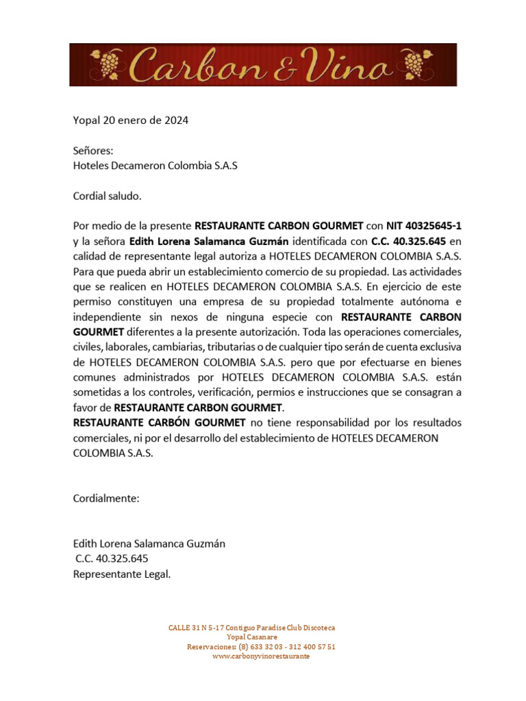 Autorizaccion Hoteles Decameron | PDF