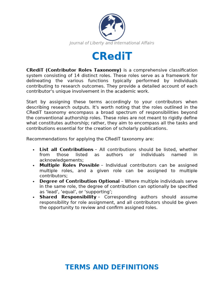 CRediT Taxonomy for Research Contributions | PDF | Data | Software