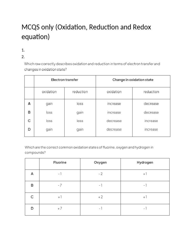 Redox Reactions MCQs for Practice | PDF