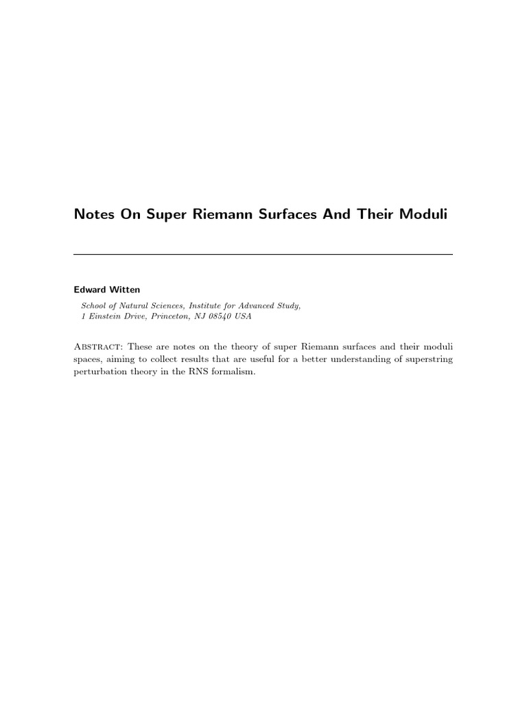 Notes On Super Riemann Surfaces and Their Moduli: Edward Witten | PDF ...