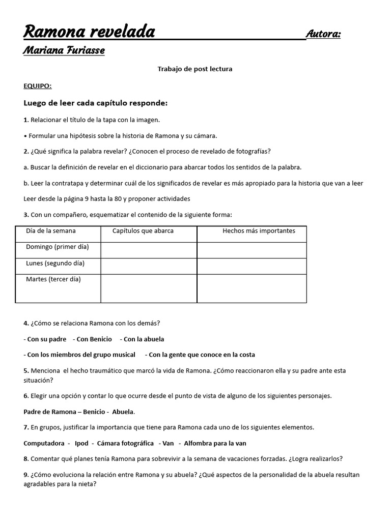 Análisis y actividades sobre "Ramona" | PDF