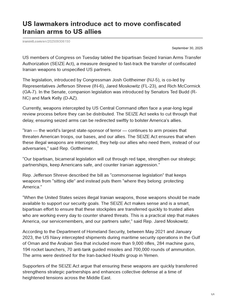 US Lawmakers Introduce Act To Move Confiscated Iranian Arms To US ...
