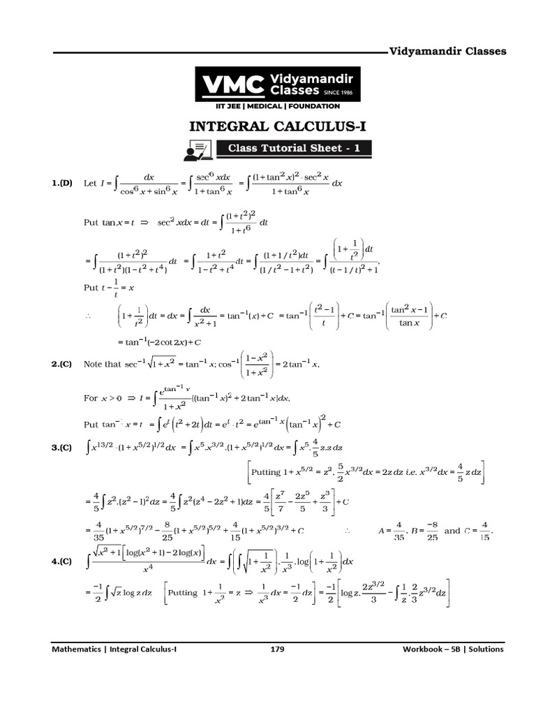 Mathematics - Integral Calculus-I 179 Workbook 5B - Solutions | PDF