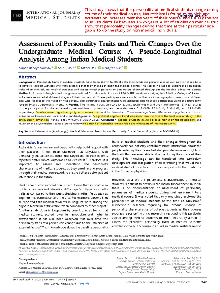 Assessment of Personality Traits and Their Changes Over The | PDF ...