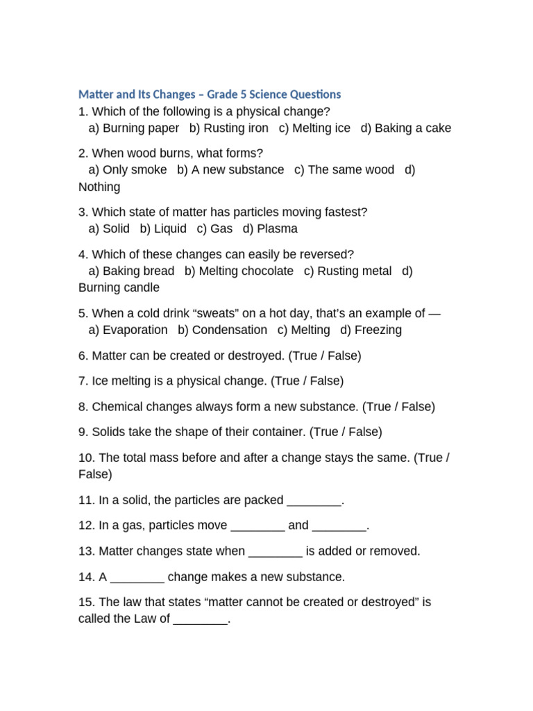 Grade 5 Matter Changes Worksheet | PDF