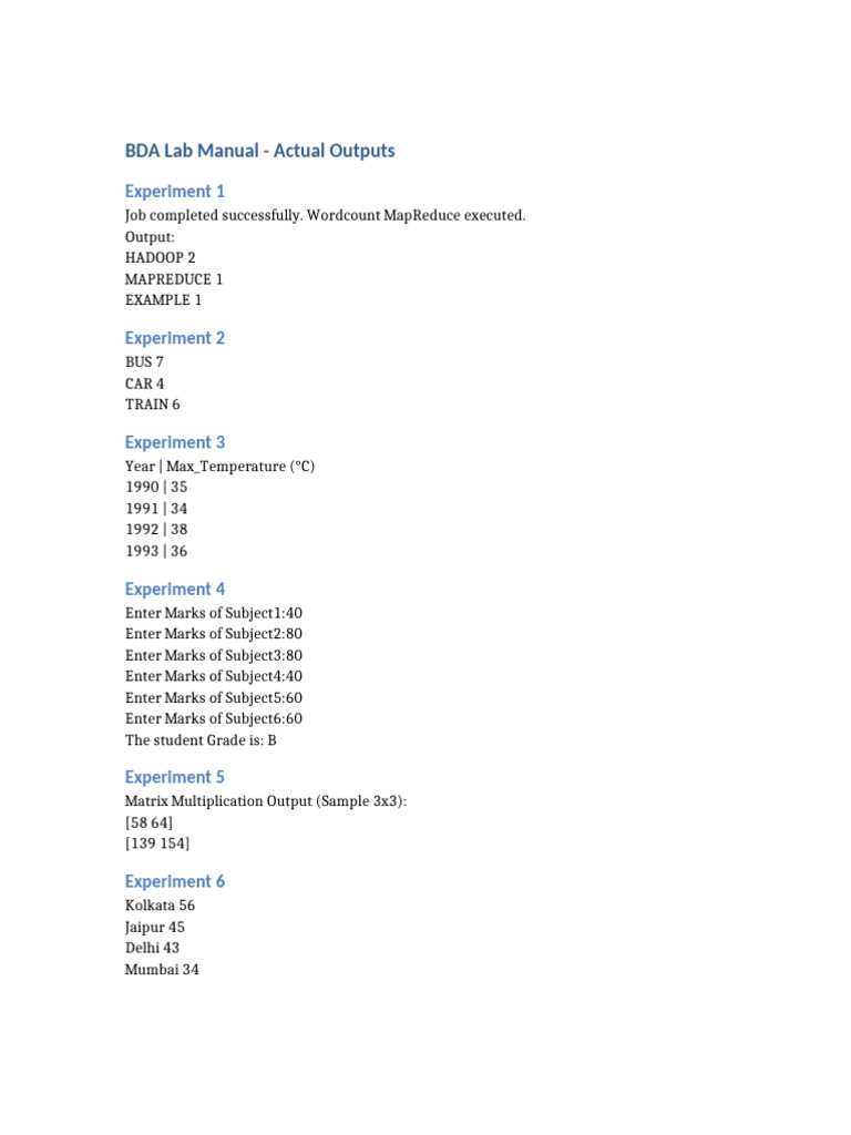 BDA Lab Manual: Experiment Outputs Summary | PDF