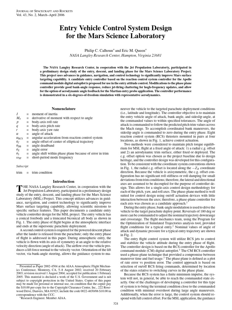 Mars Science Laboratory Entry Control System | PDF | Reaction Control ...