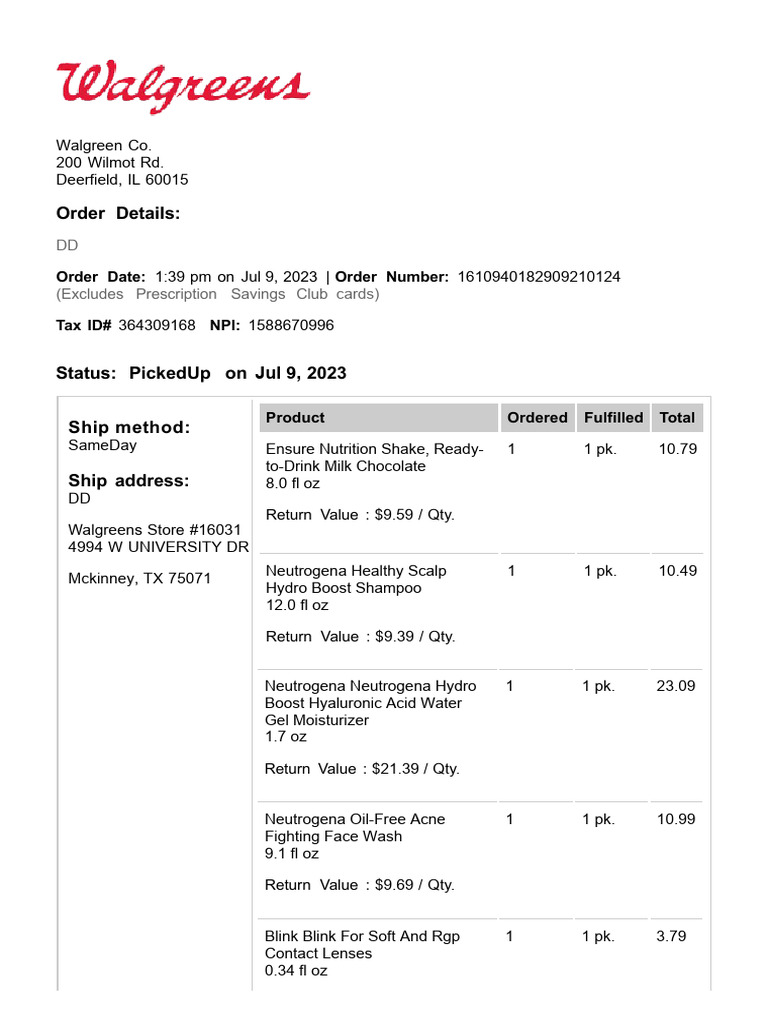 Walgreens Order Summary - Jul 2023 | PDF