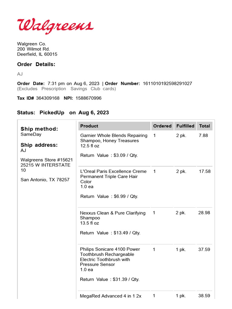 Walgreens Receipt Detail With Price | PDF