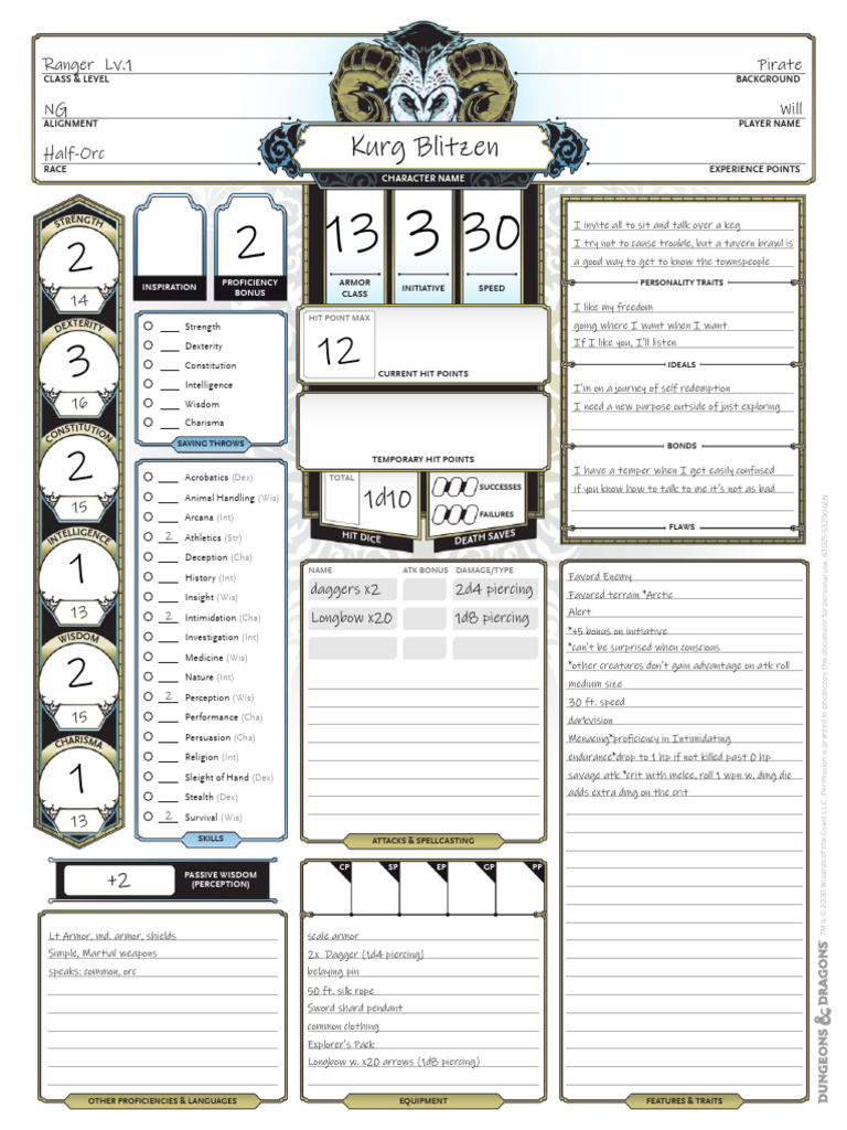 D&D Character Sheet for Kurg Blitzen | PDF | Role Playing Games | Gaming