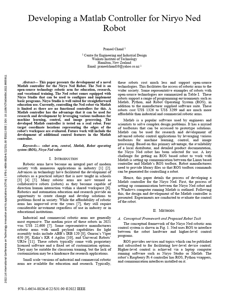 Developing A Matlab Controller For Niryo Ned Robot | PDF | Matlab | Robot