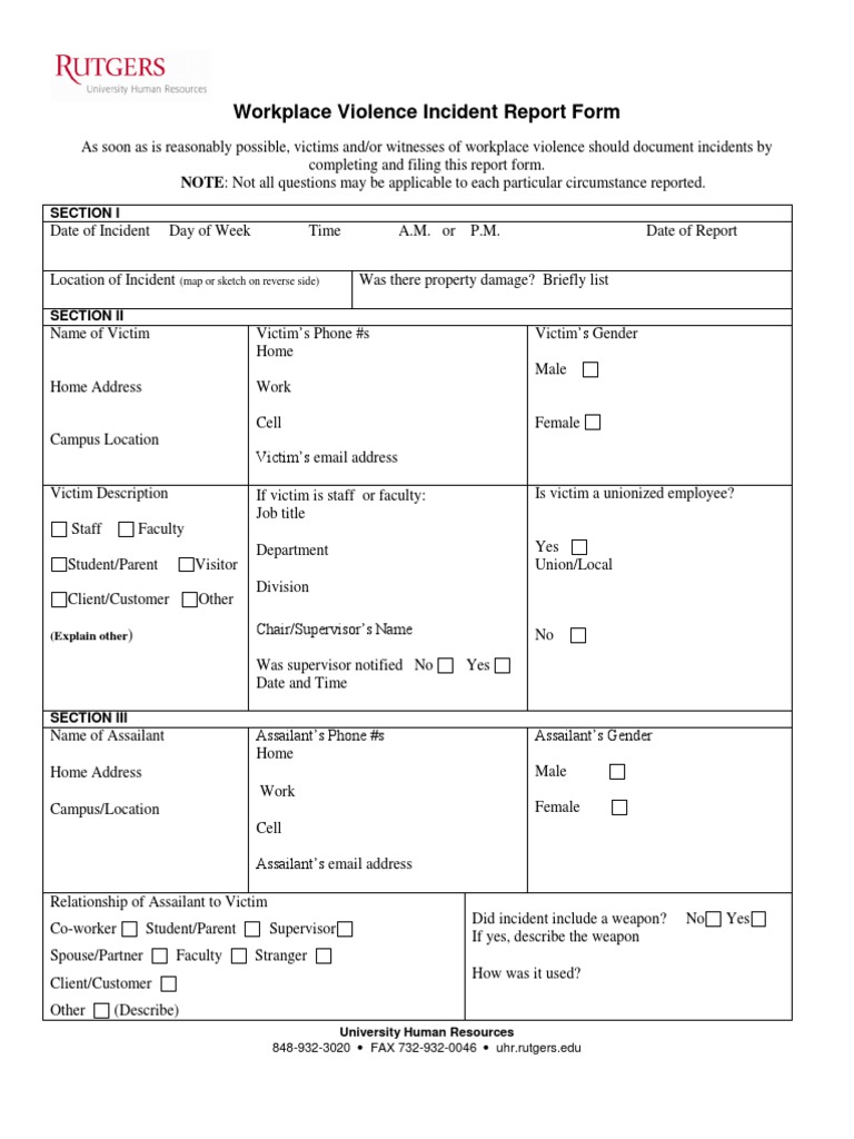 Workplace Violence Incident Report | Assault | Stalking