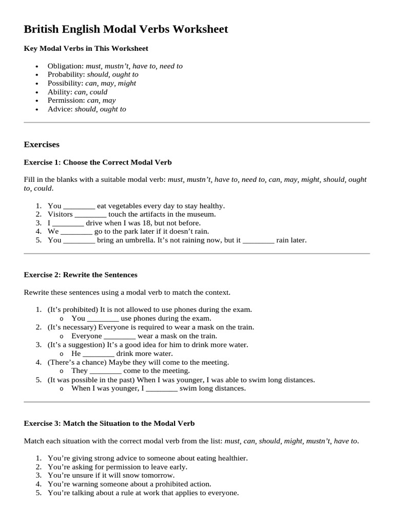 Modal Verbs Practise Worksheet | PDF | Verb | Syntax