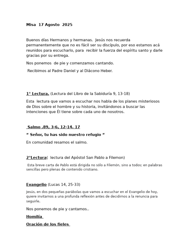 Misa Domingo 17 de Agosto | PDF
