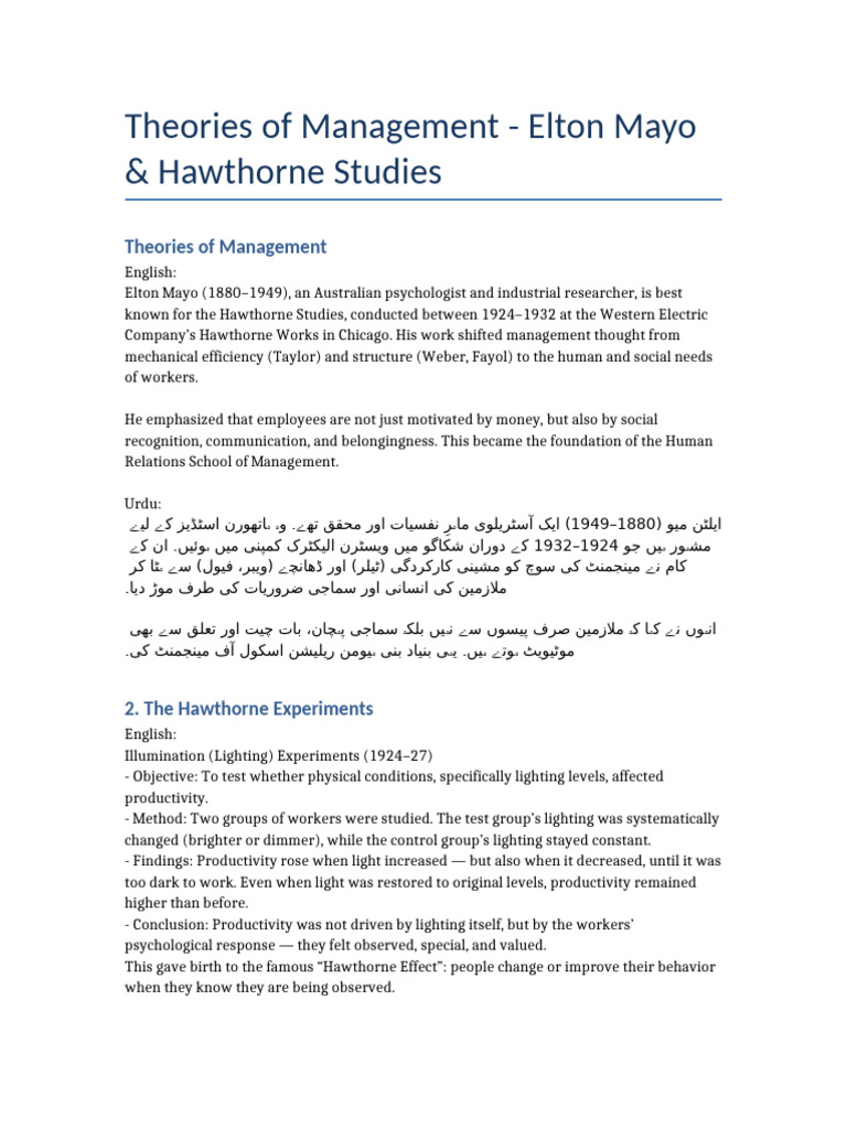 Elton Mayo Hawthorne Studies | PDF