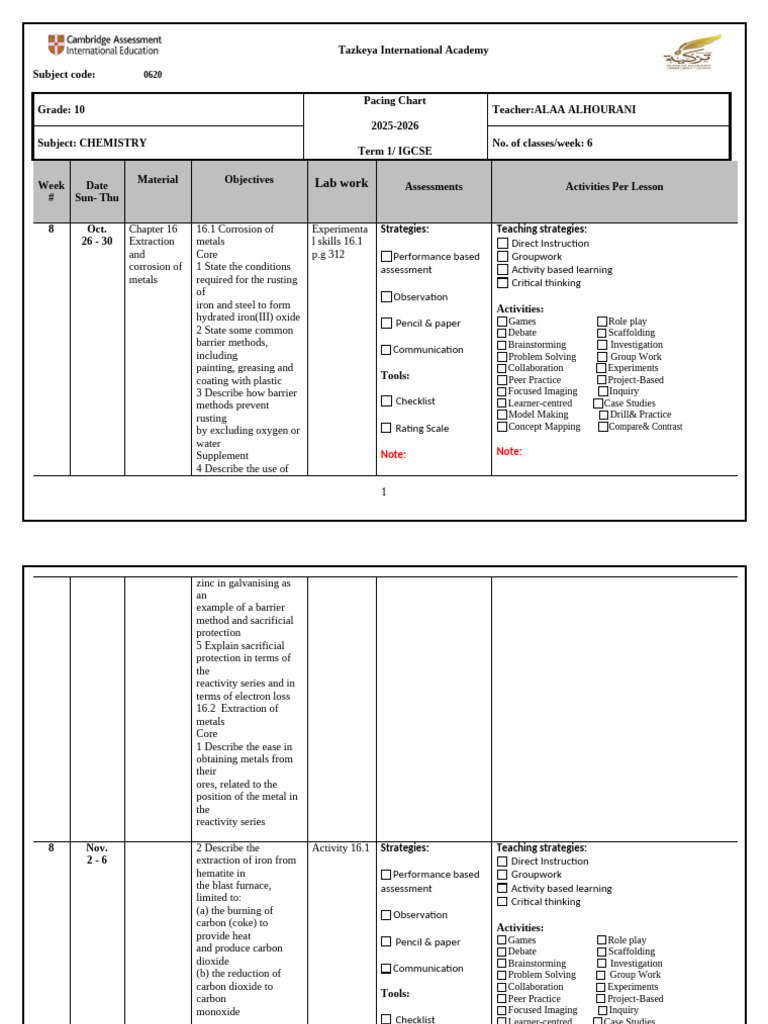 IGCSE Chemistry Pacing Chart 2025-2026 | PDF | Oxide | Iron