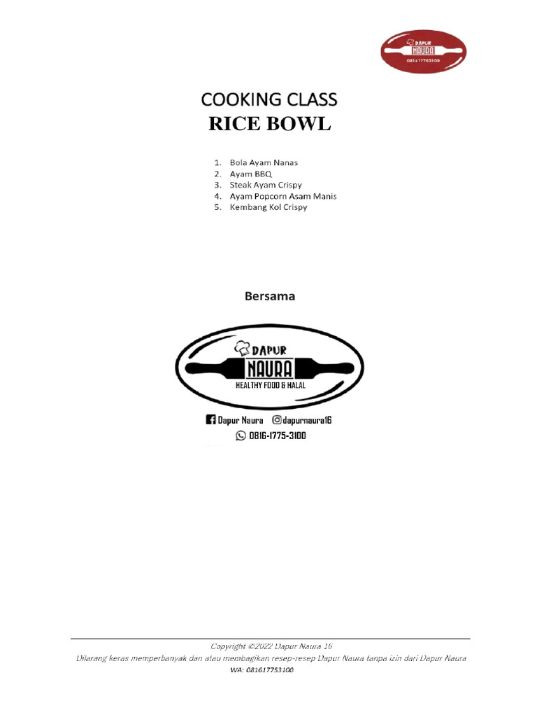 Cooking Class Rice Bowl Dapur Naura | PDF