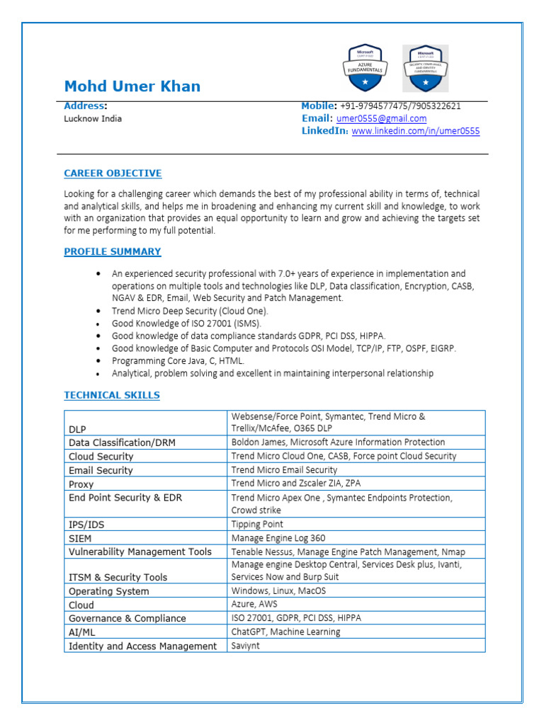 CV Umer Khan | PDF | Computer Security | Security
