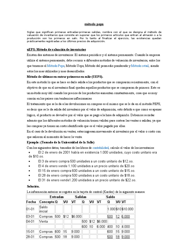 Método PEPS en Valuación de Inventarios | PDF | Valoración empresarial ...