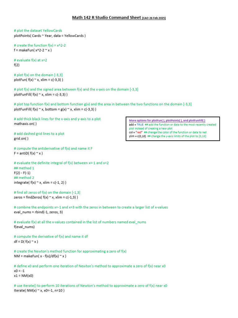 Math 142 R Studio Command Sheet | PDF | Function (Mathematics) | Calculus