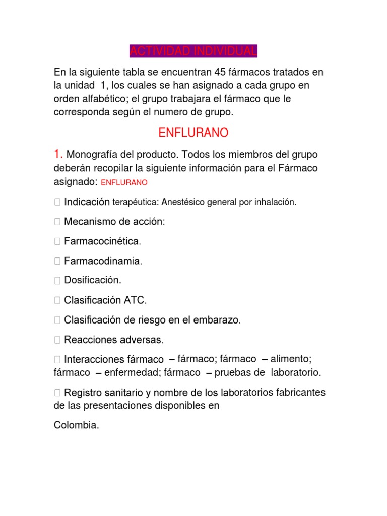 Actividad Individual Enflurano | PDF | Medicamentos con receta | Farmacia