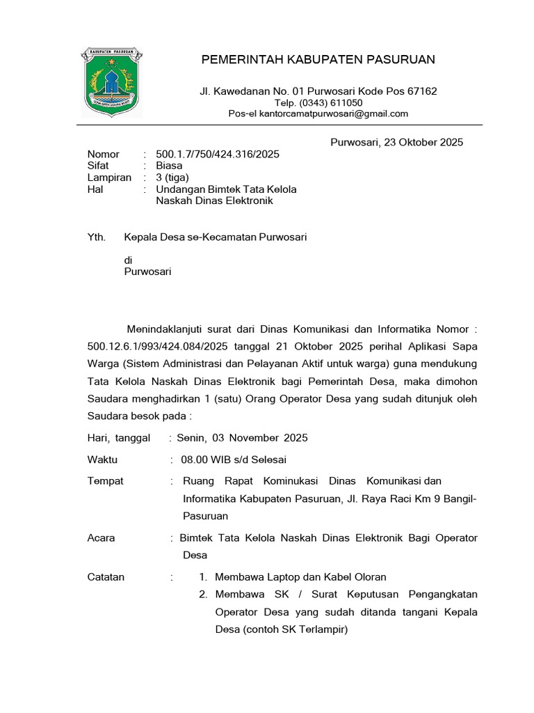 Undangan Bimbingan Teknis Tata Kelola Naskah Dinas Elektronik.. | PDF