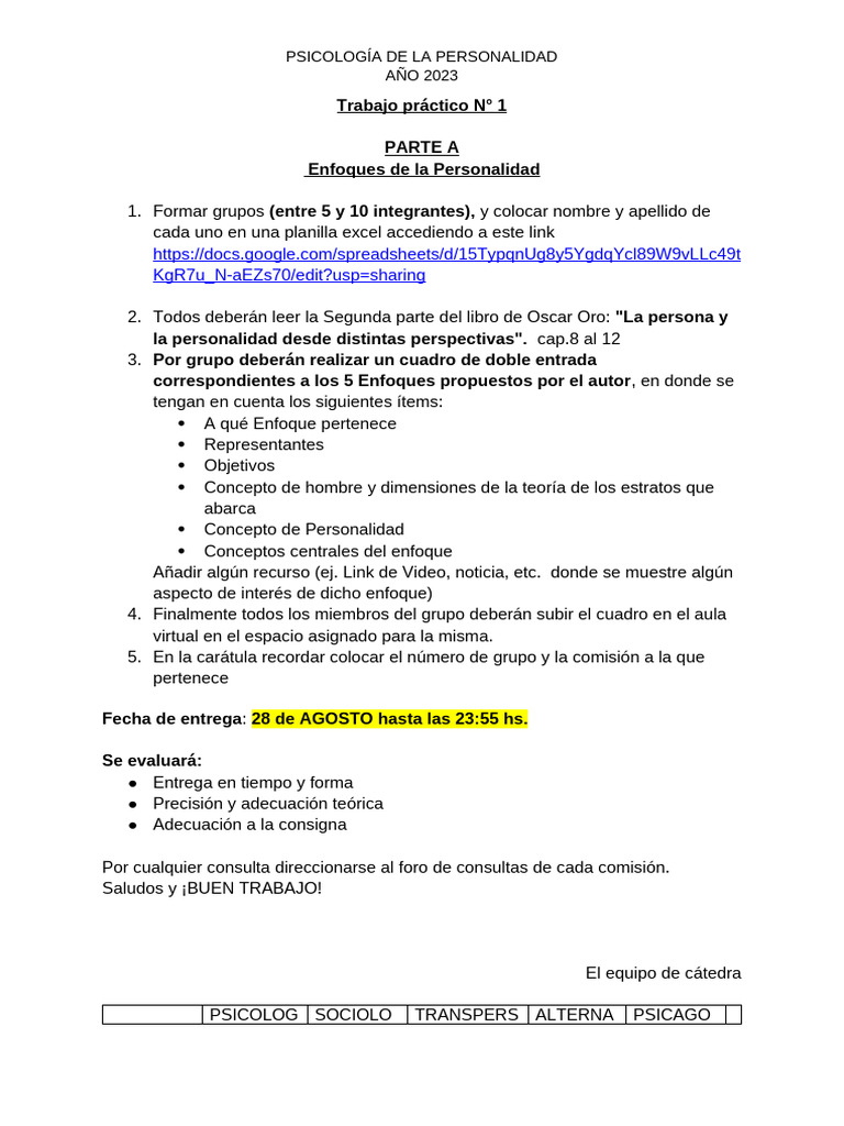 Consigna TP 1 Parte A - Enfoques de La Personalidad | PDF | Sicología | Psique (psicología)