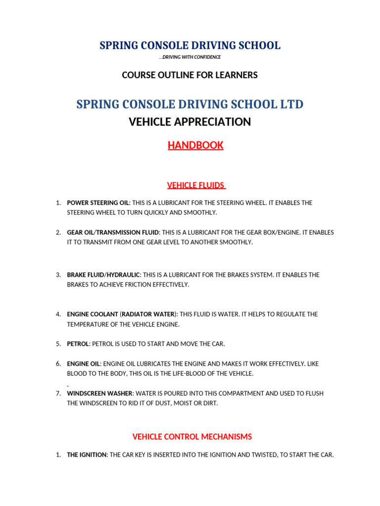 Driving School Course Outline Guide | PDF | Vehicle Parts ...