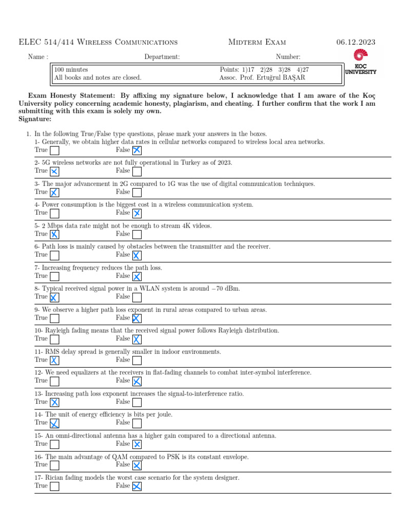 ELEC 514 Fall 2023 Midterm Solutions | PDF | Decibel | Electromagnetic Spectrum