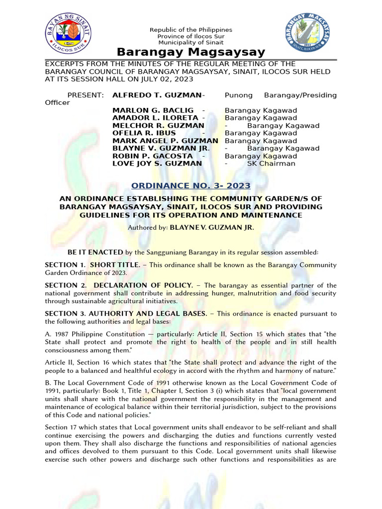 Barangay Magsaysay Community Garden Ordinance | PDF | Justice | Crime ...