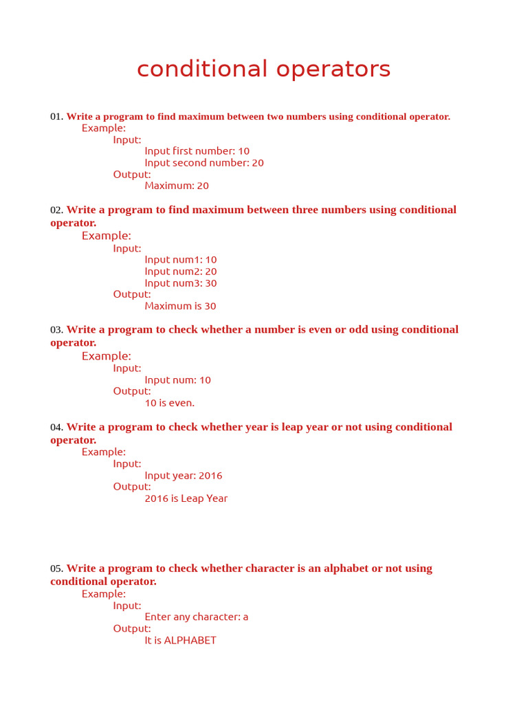 Conditional Operator Programming Exercises | PDF