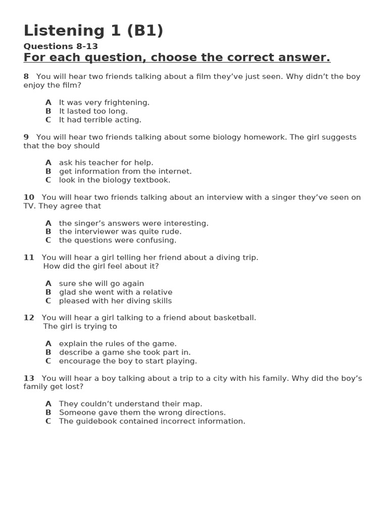 Listening Comprehension Exercises B1 | PDF