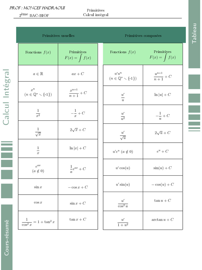 Tableau des Primitives en Calcul Intégral | PDF