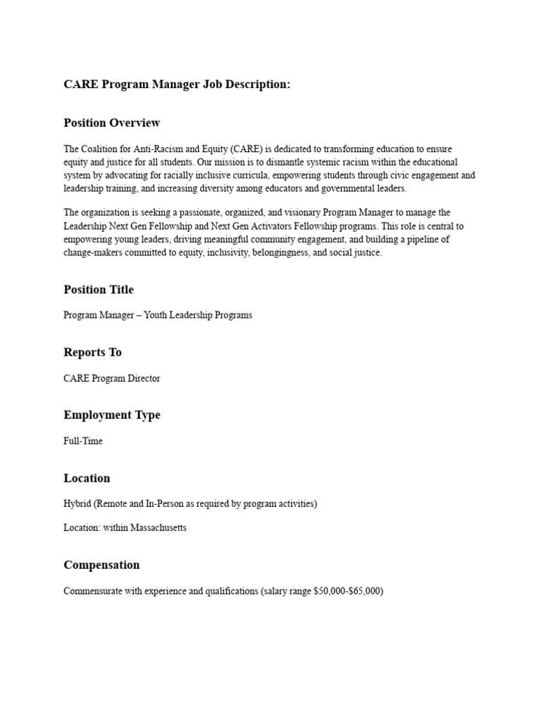 CARE Program Manager Job Description: Position Overview | PDF ...