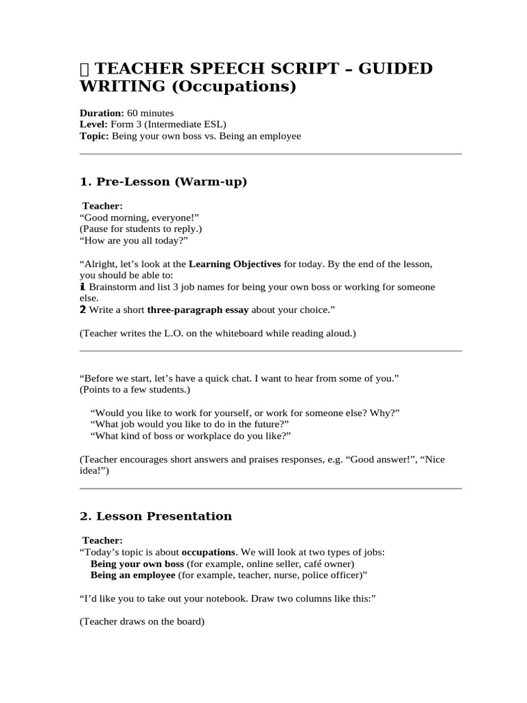 ? Teacher Speech Script - Guided Writing | PDF | Learning | Human ...
