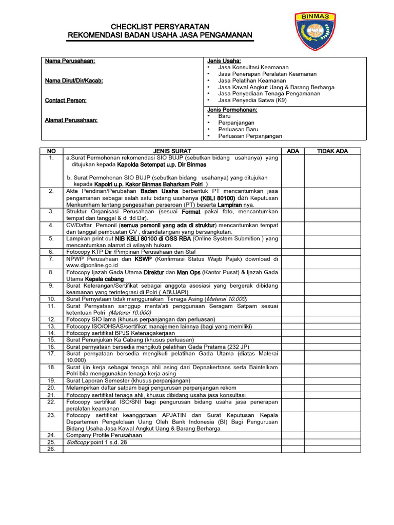 Checklist Persyaratan Perpanjangan Sio Bujp | PDF