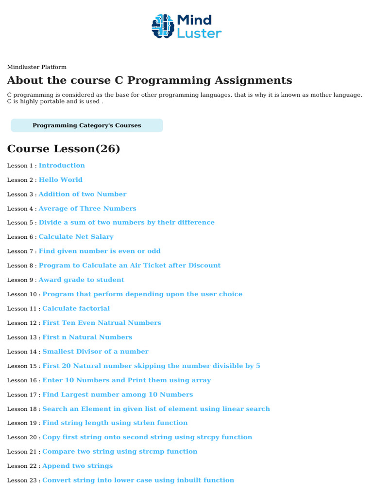 C Programming Assignments Course Content | PDF