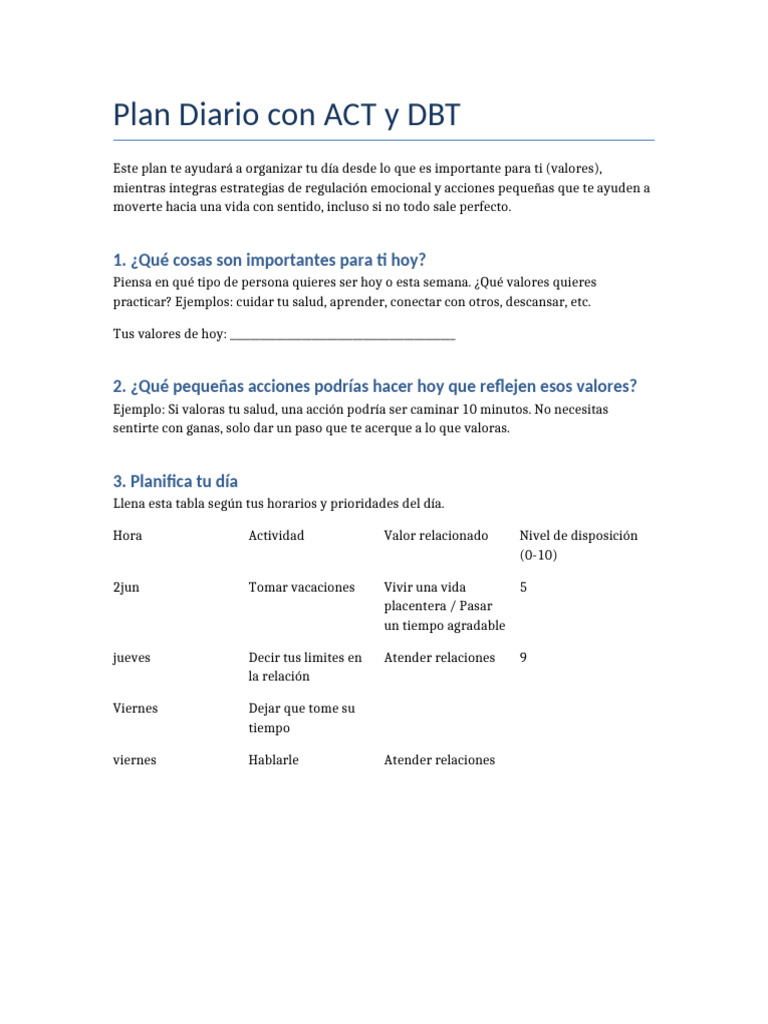 Plan Diario ACT DBT | PDF