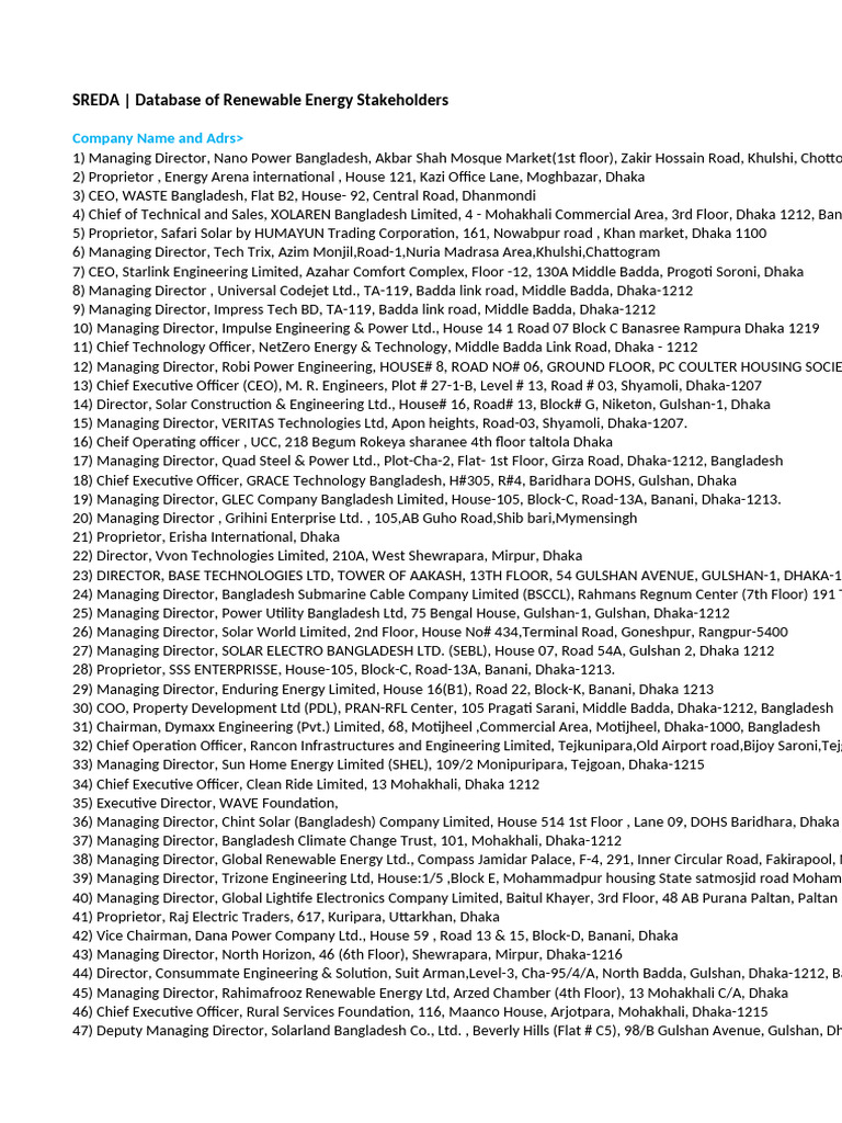Renewable Energy Stakeholders Database | PDF | Dhaka | World Politics