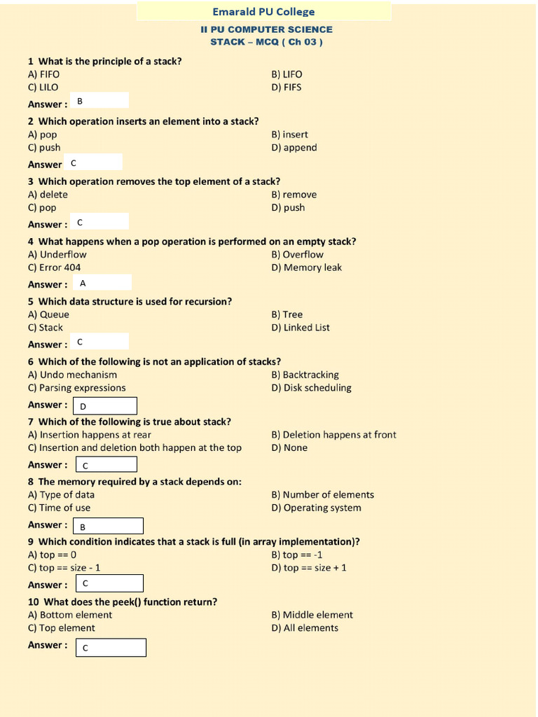 Ch03 MCQ - Stack - Questions To Students | PDF