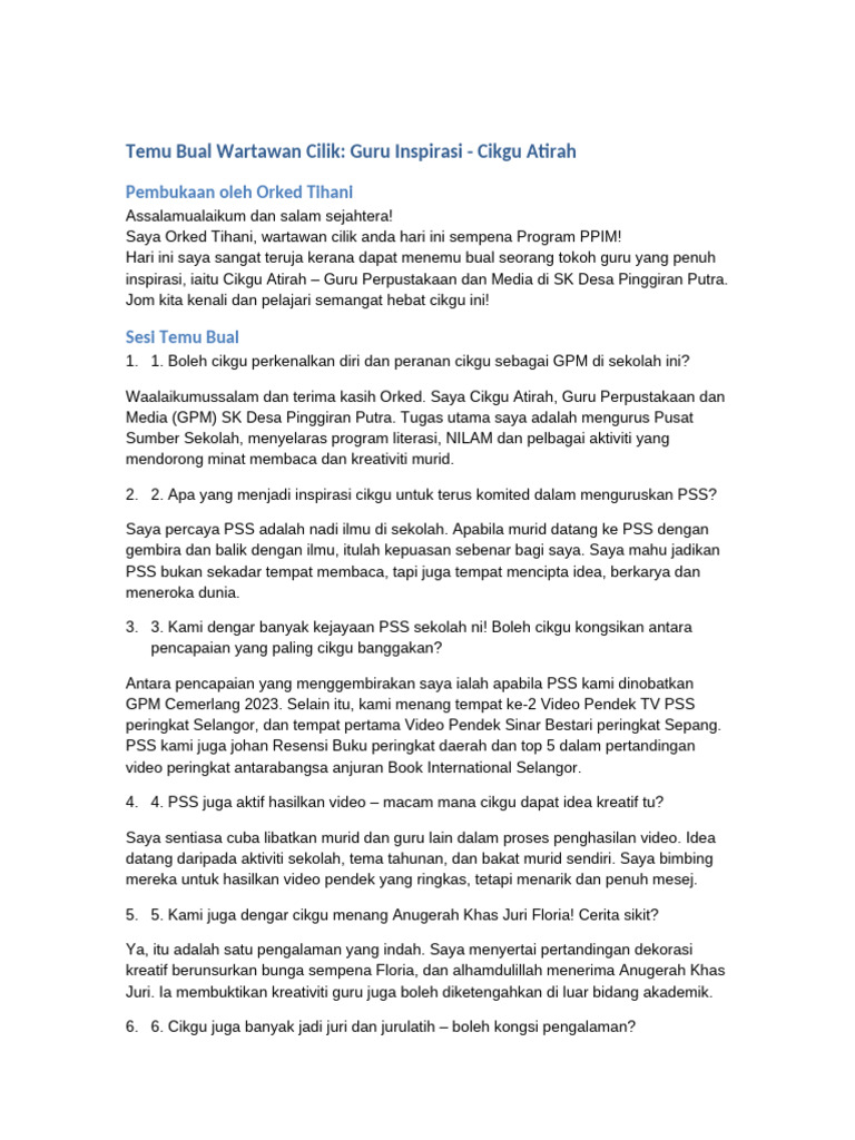 Temu Bual Inspirasi Cikgu Atirah | PDF