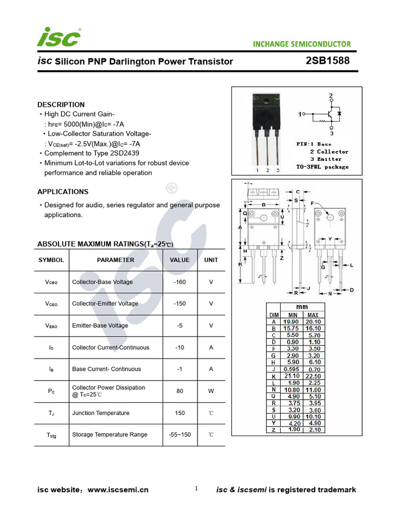 Silicon PNP Darlington Power Transistor: Description | PDF | Bipolar ...