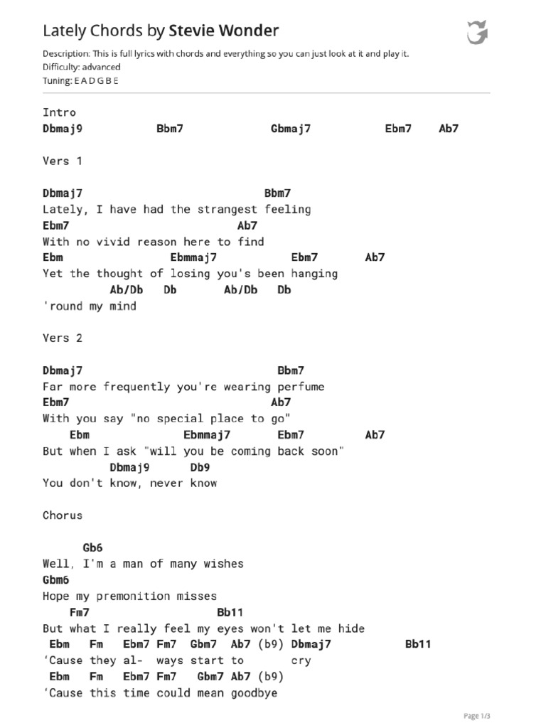 Lately Stevie Wonder Chords Lyrics | PDF