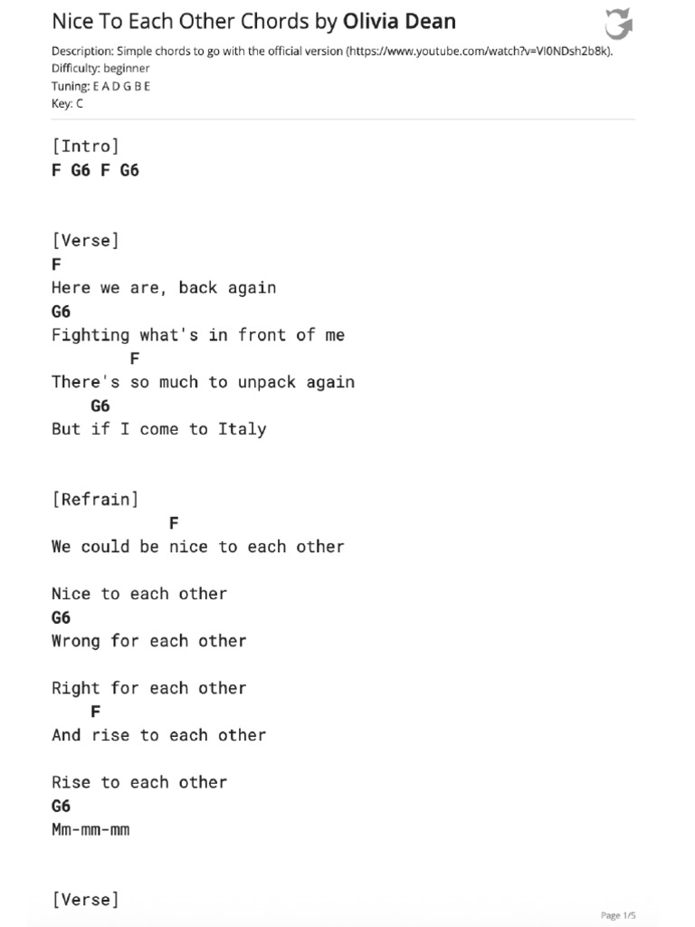Nice To Each Other Chords Lyrics Olivia Dean | PDF