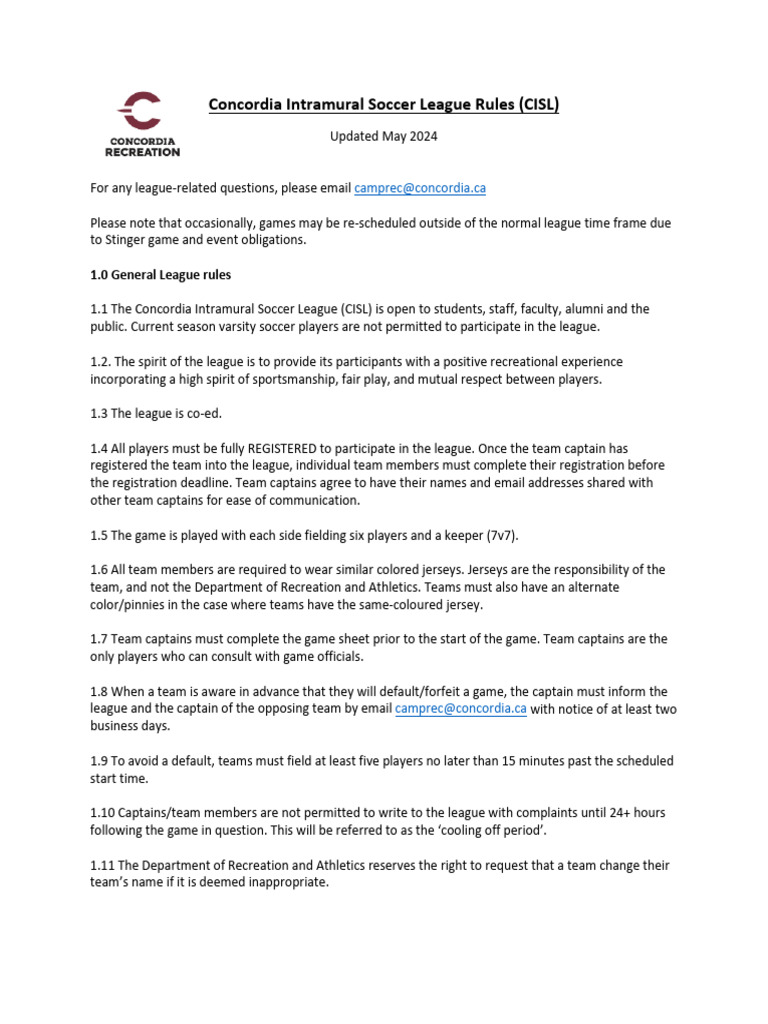 Concordia Intramural Soccer League Rules | PDF | Football Codes ...