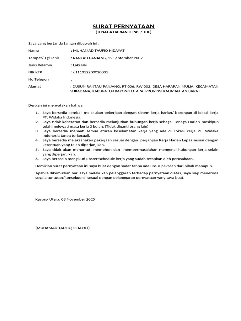 Surat Pernyataan Tenaga Harian Lepas | PDF
