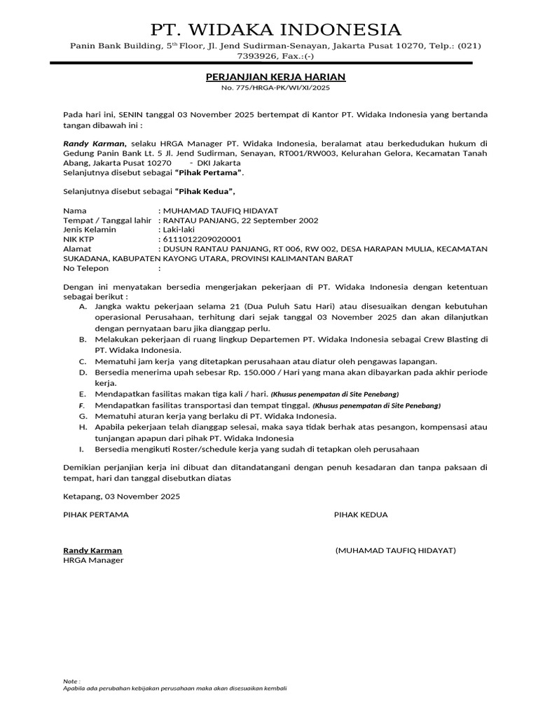Perjanjian Kerja Harian PT Widaka Indonesia New Hire 35 Orang | PDF